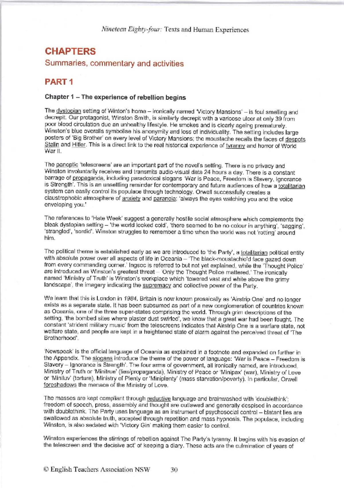 1984 (ENG123) Part 1 Chapter Summaries, Analysis, and Activities - Studocu
