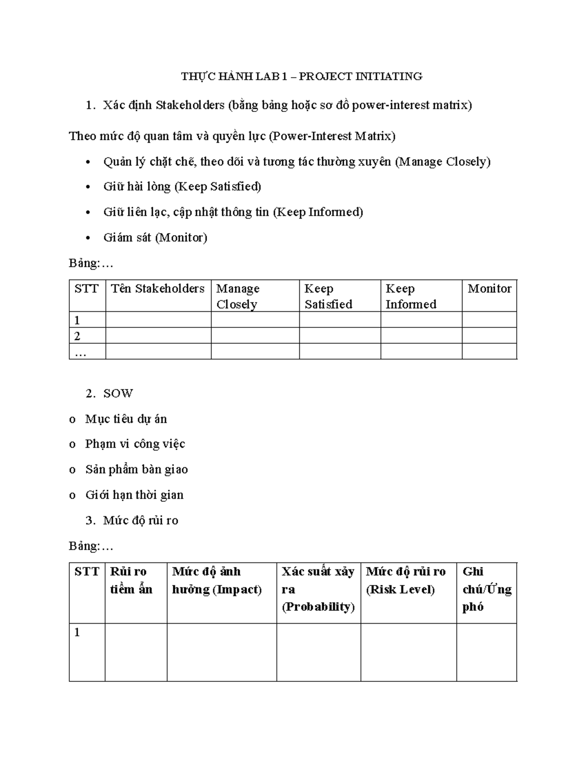 THỰC HÀNH LAB 1: Dự Án Khởi Động và Quản Lý Stakeholders - Studocu