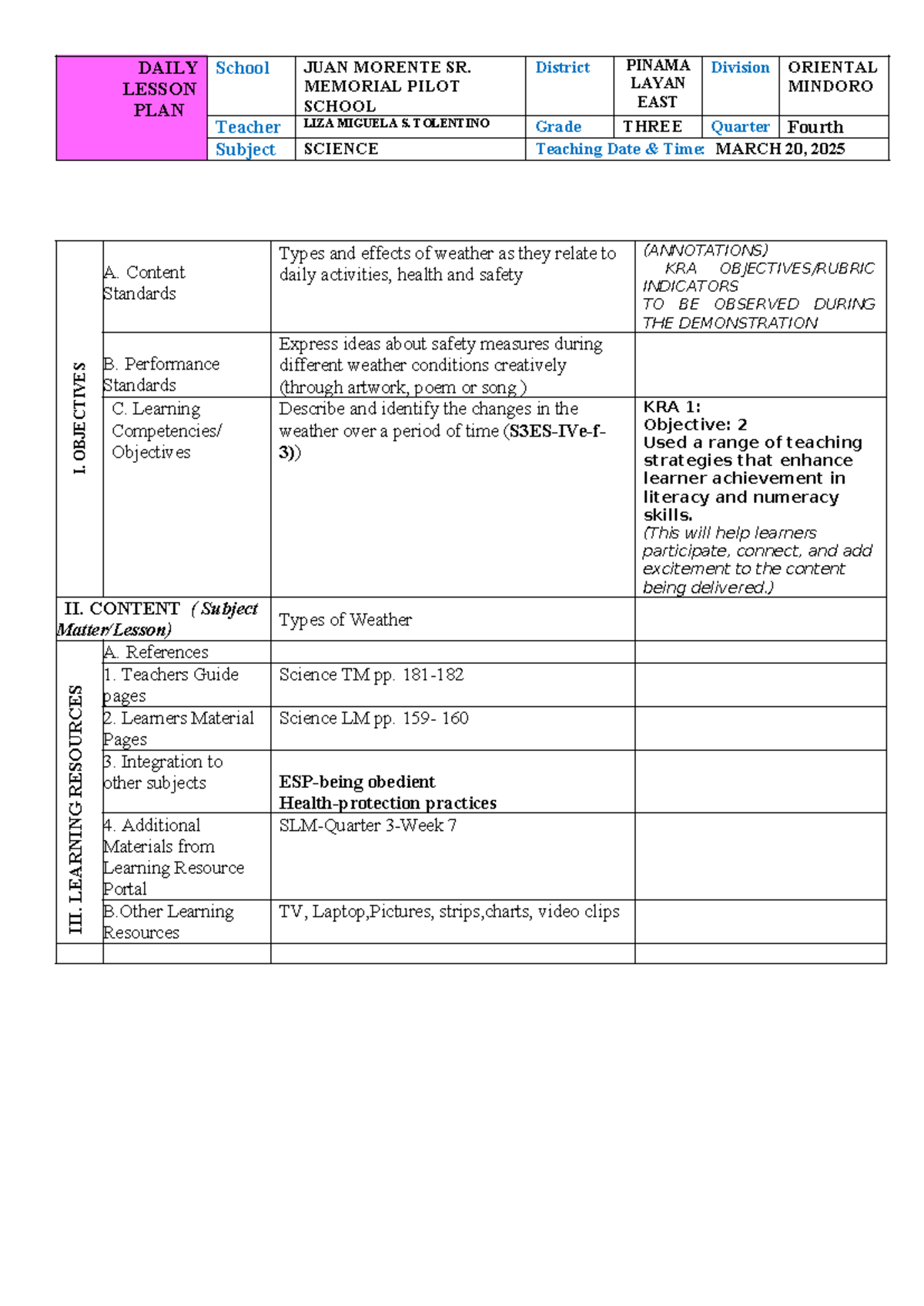 Science Lesson Plan for GR3 - 4th Quarter (March 2025) by Liza - Studocu