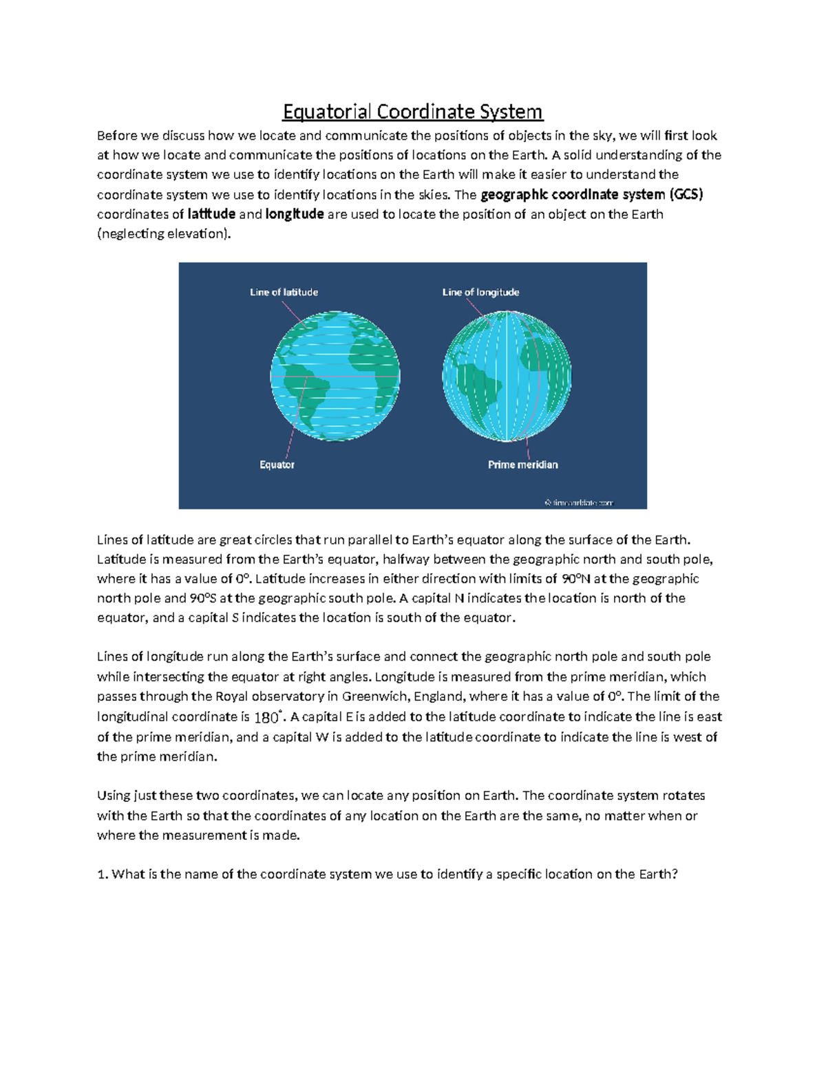 Equatorial Coordinate System Overview and Key Concepts - Studocu