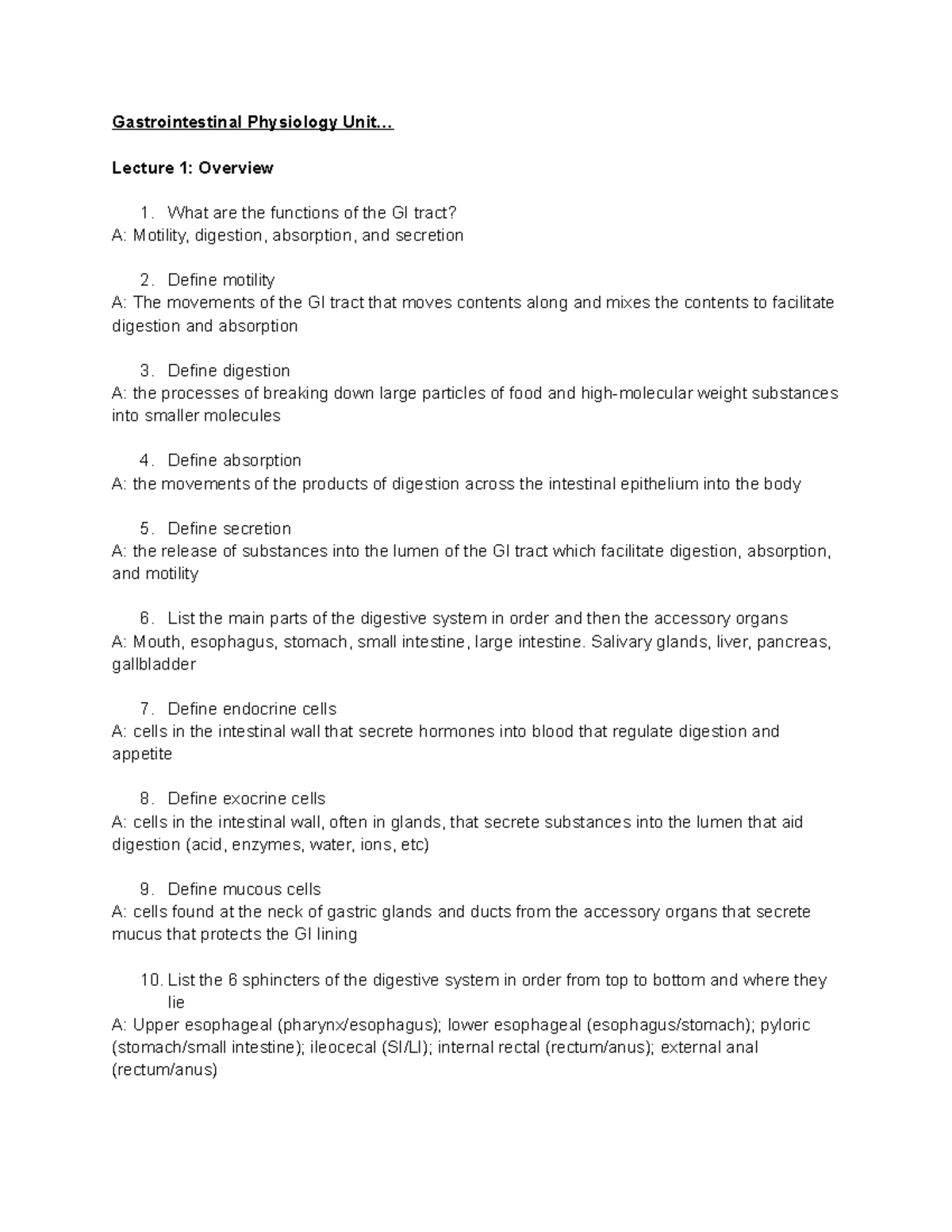 GI Physiology Exam Study Questions (Physiology 101) - Studocu