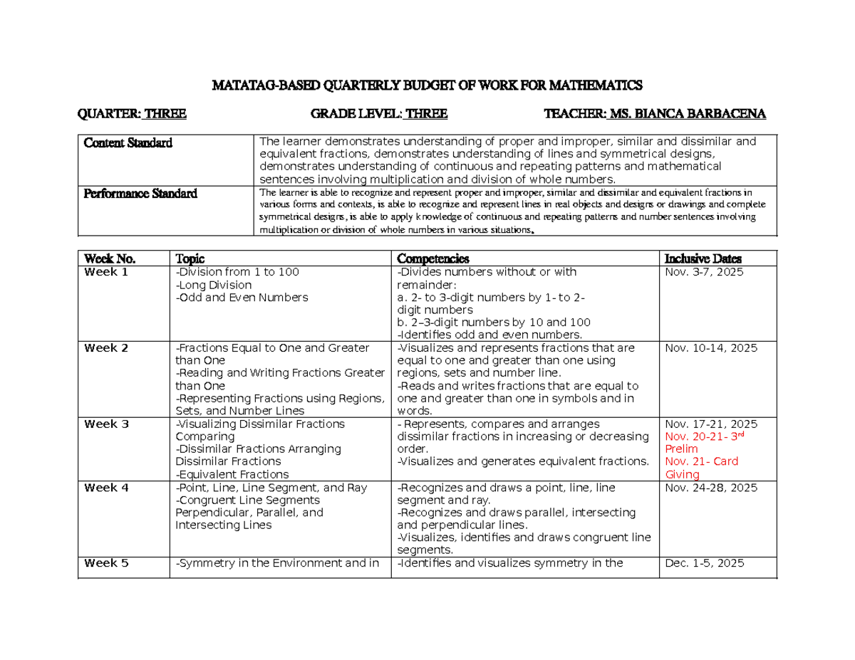 BOW Q3 MATH 3: Understanding Fractions & Lines - Studocu