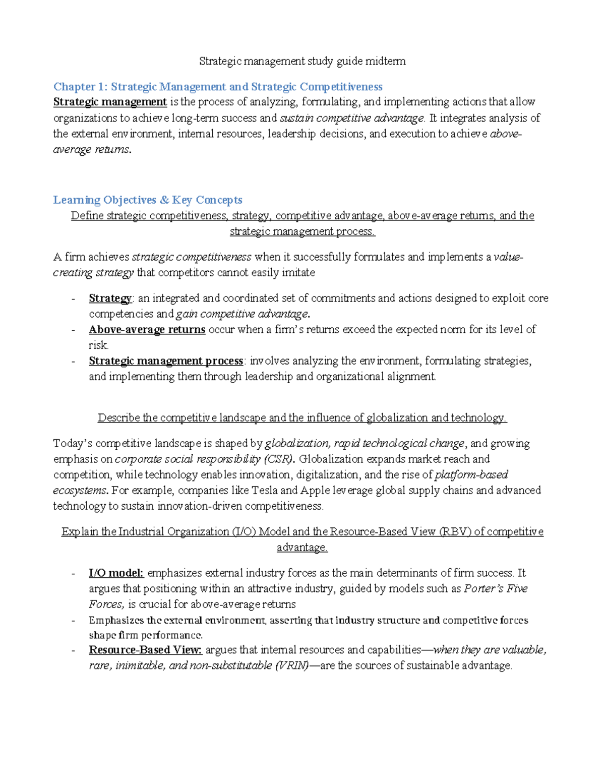 Strategic Management Midterm Study Guide: Key Concepts & Frameworks - Studocu