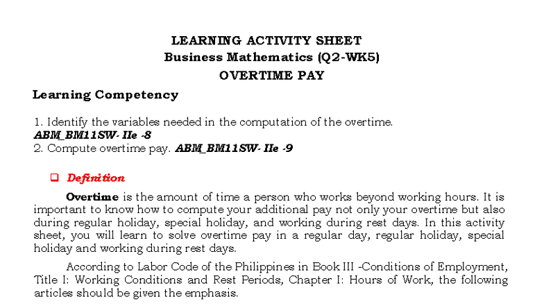 BUS 101: Overtime Pay Computation Learning Activity Sheet - Studocu