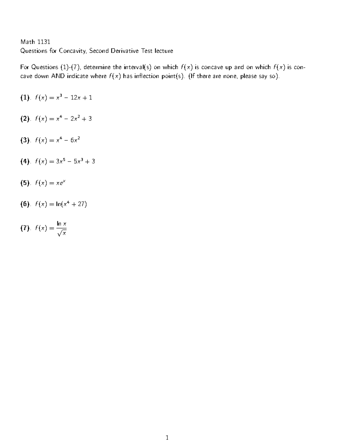Math 1131 Concavity & Second Derivative Test Questions - Studocu