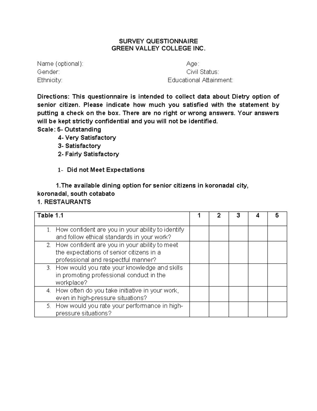 5 6235384278532756938 - SURVEY QUESTIONNAIRE GREEN VALLEY COLLEGE INC ...