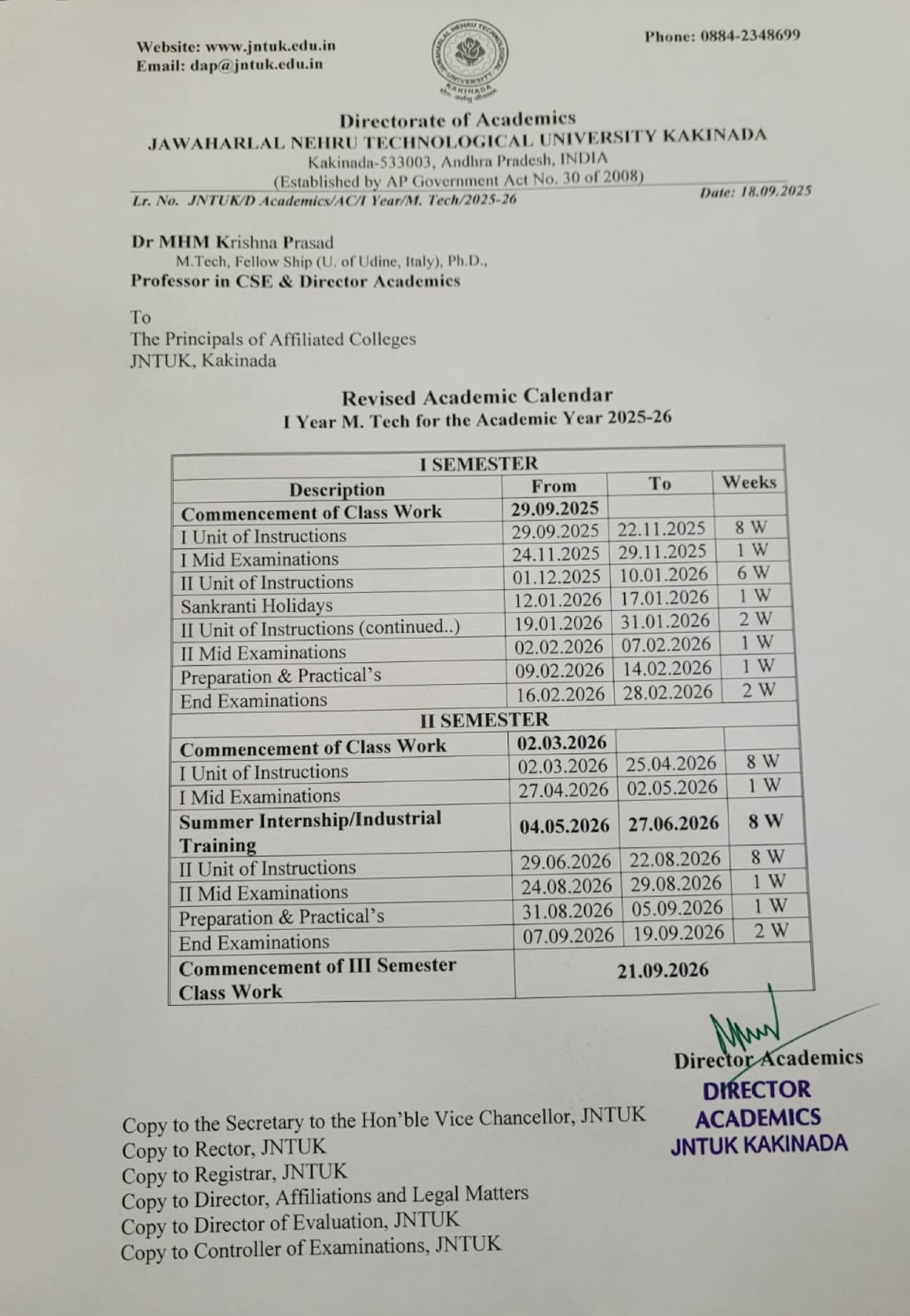 JNTUK M.Tech I Year Revised Academic Calendar 2025-26 - Studocu