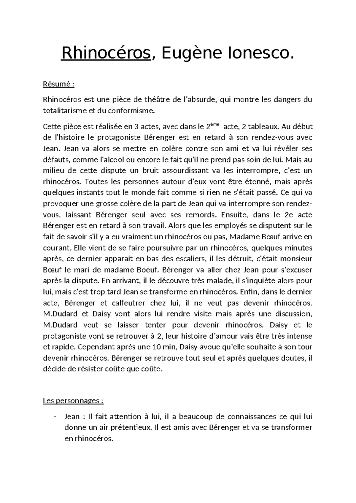 Rhinocéros : Fiche de Lecture et Analyse de la Pièce d'Ionesco - Studocu