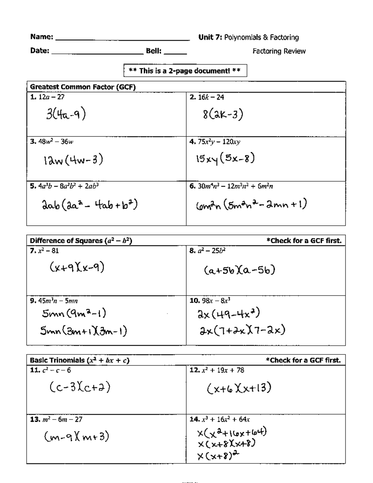 Test Review Answers - Xdh - Name: Unit 7: Polynomials Factoring Date ...