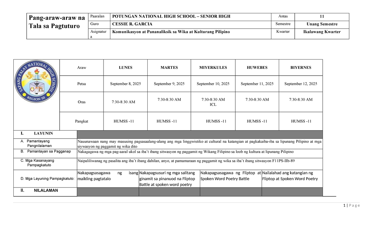 Filipino 11 - Lesson Plan on Fliptop & Spoken Word Poetry - Studocu