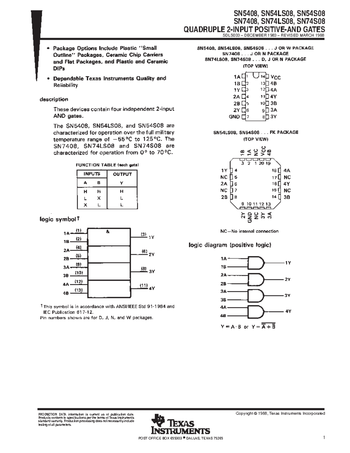 Datasheet de compuerta logica Sn74ls08n compuerta AND - SN5408, SN54LS08, SN54S SN7408, SN74LS08 ...
