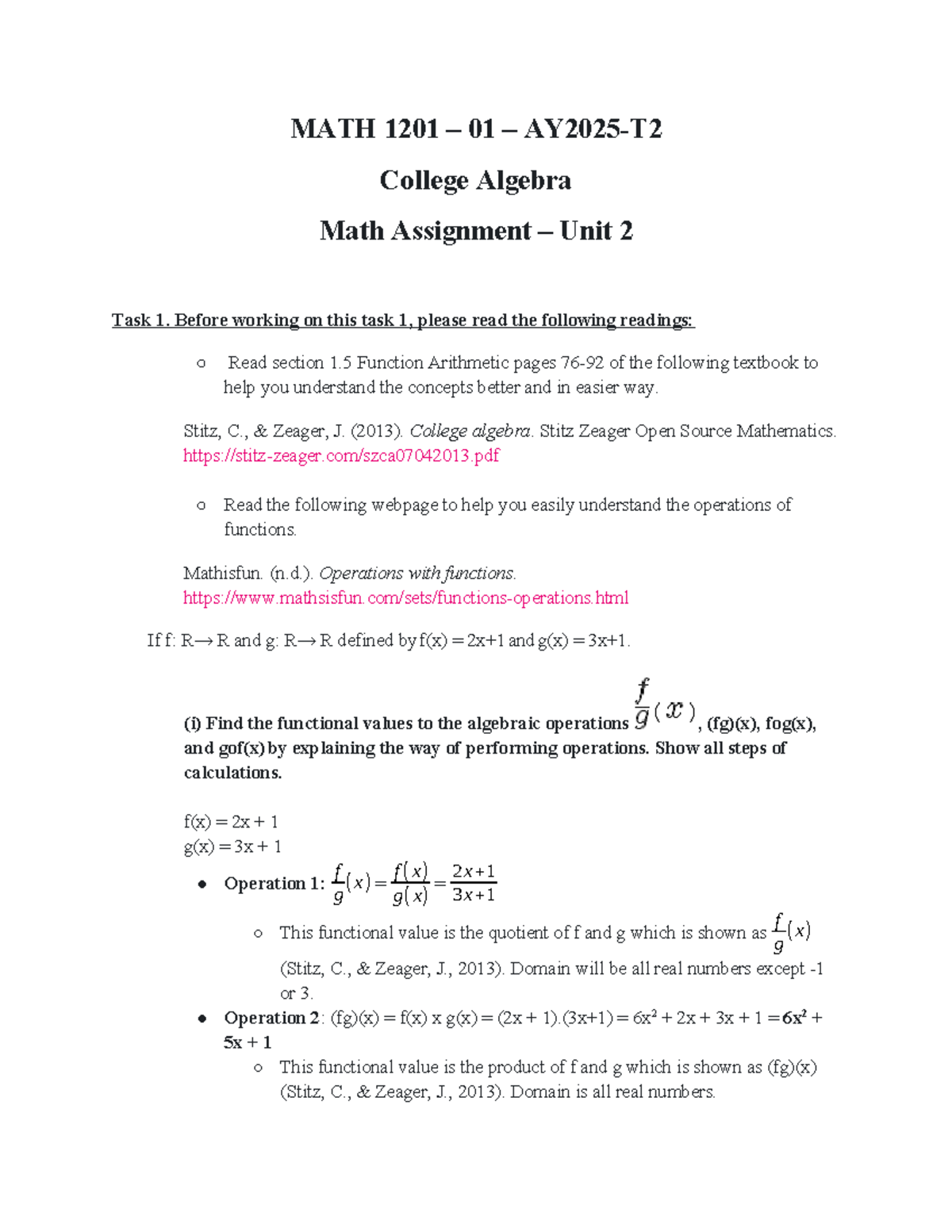 MATH 1201 - College Algebra: Unit 2 Assignment Overview - Studocu