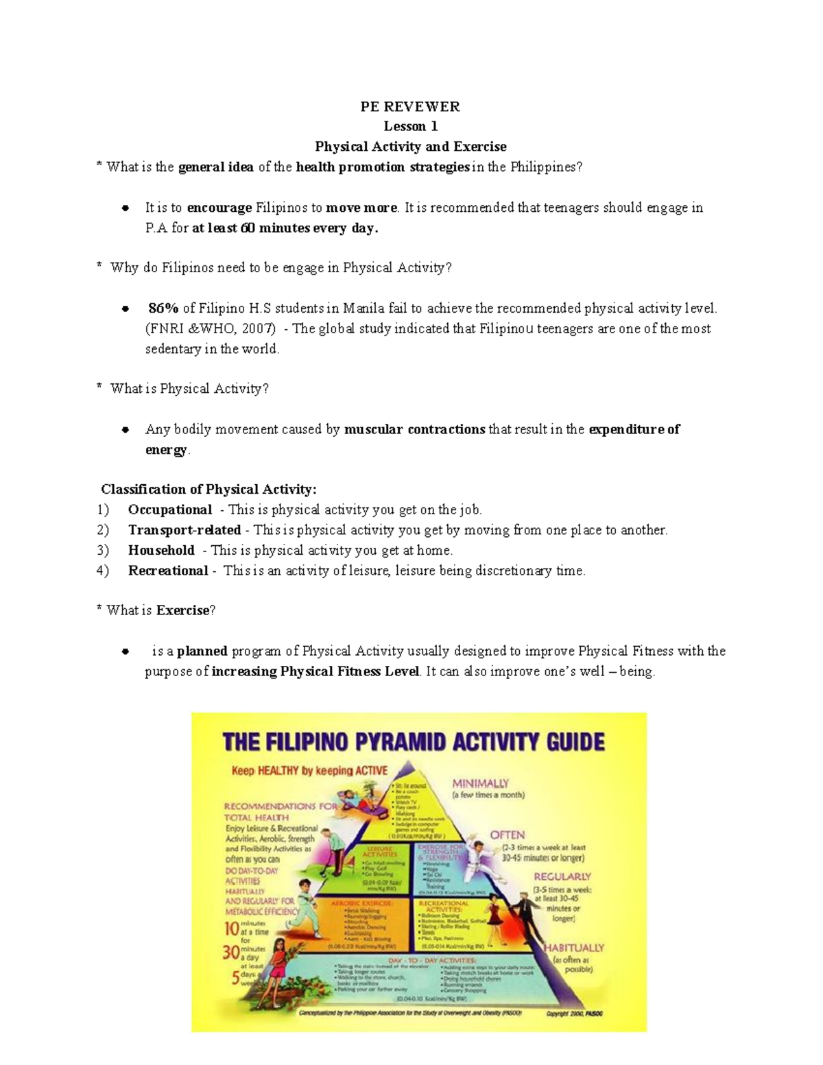 PE Reviewer - PE REVEWER **Lesson 1 Physical Activity and Exercise ...