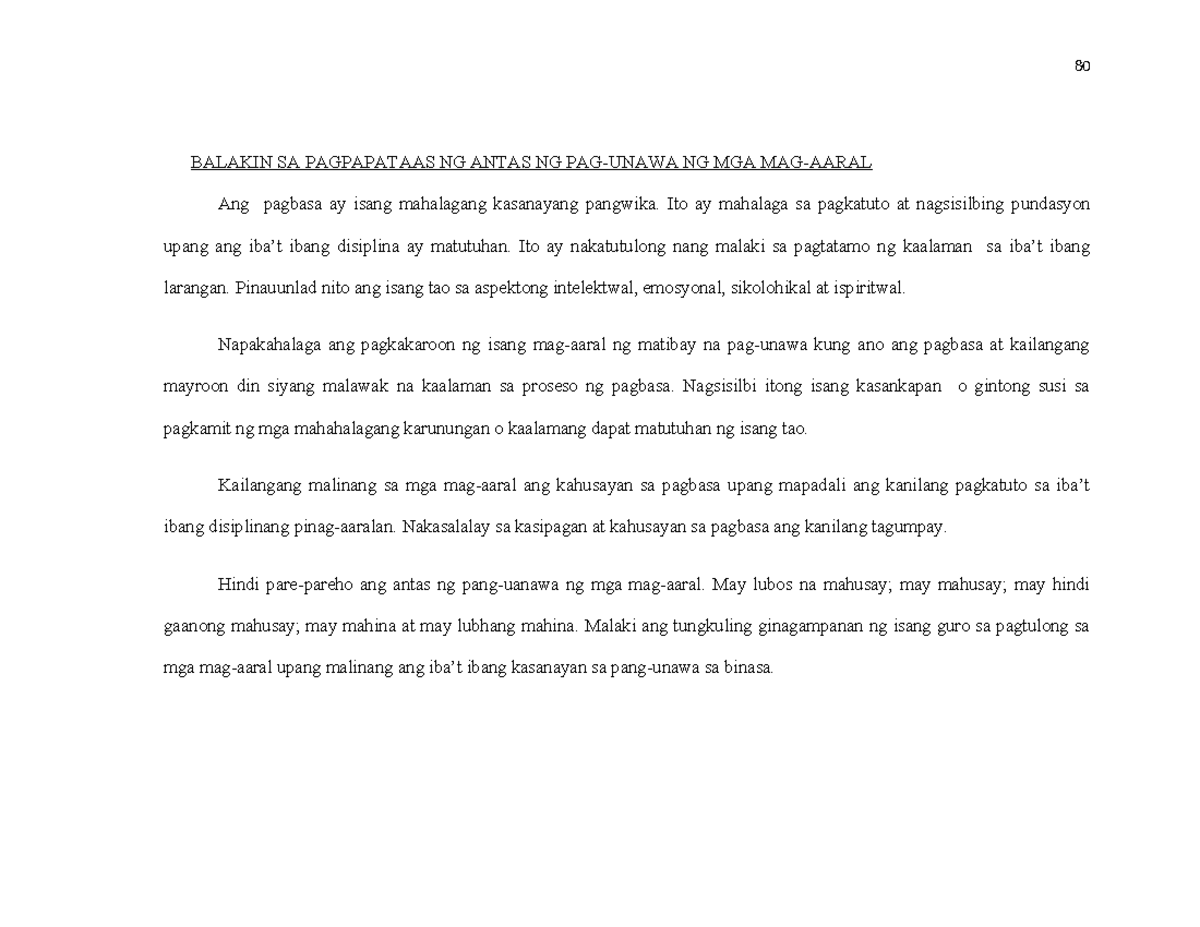 Balakin sa Pagpapataas ng Antas ng Pagbasa ng mga Mag-aaral - Studocu