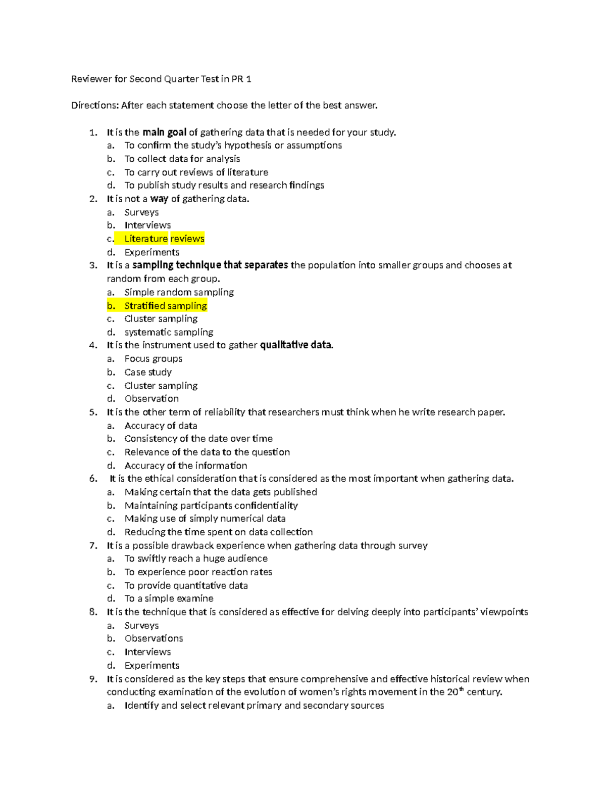 Second Quarter Test Reviewer for PR 1: Data Collection Techniques - Studocu