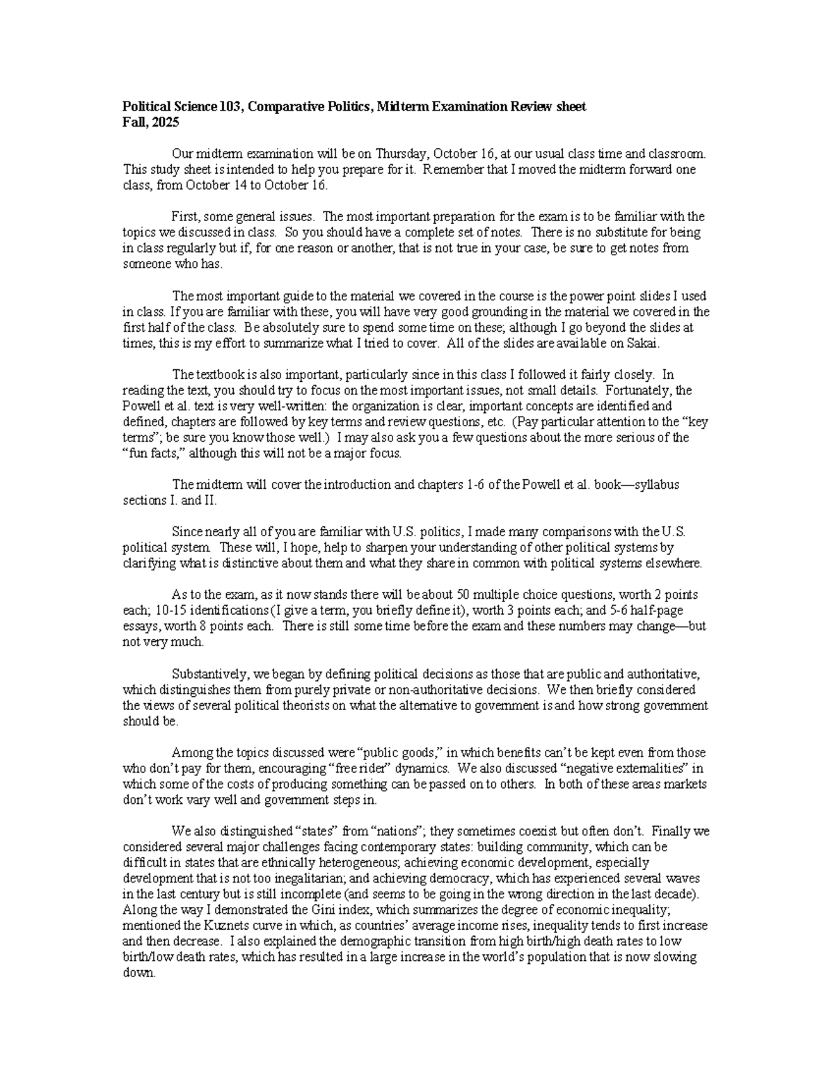 Political Science 103: Comparative Politics Midterm Review Guide Fall ...