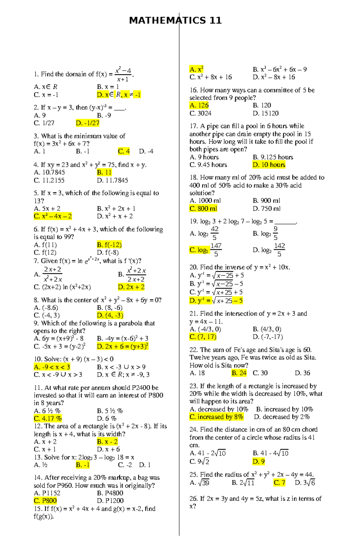 Mathematics 11 Quiz: Domain, Functions, and Problem Solving - Studocu