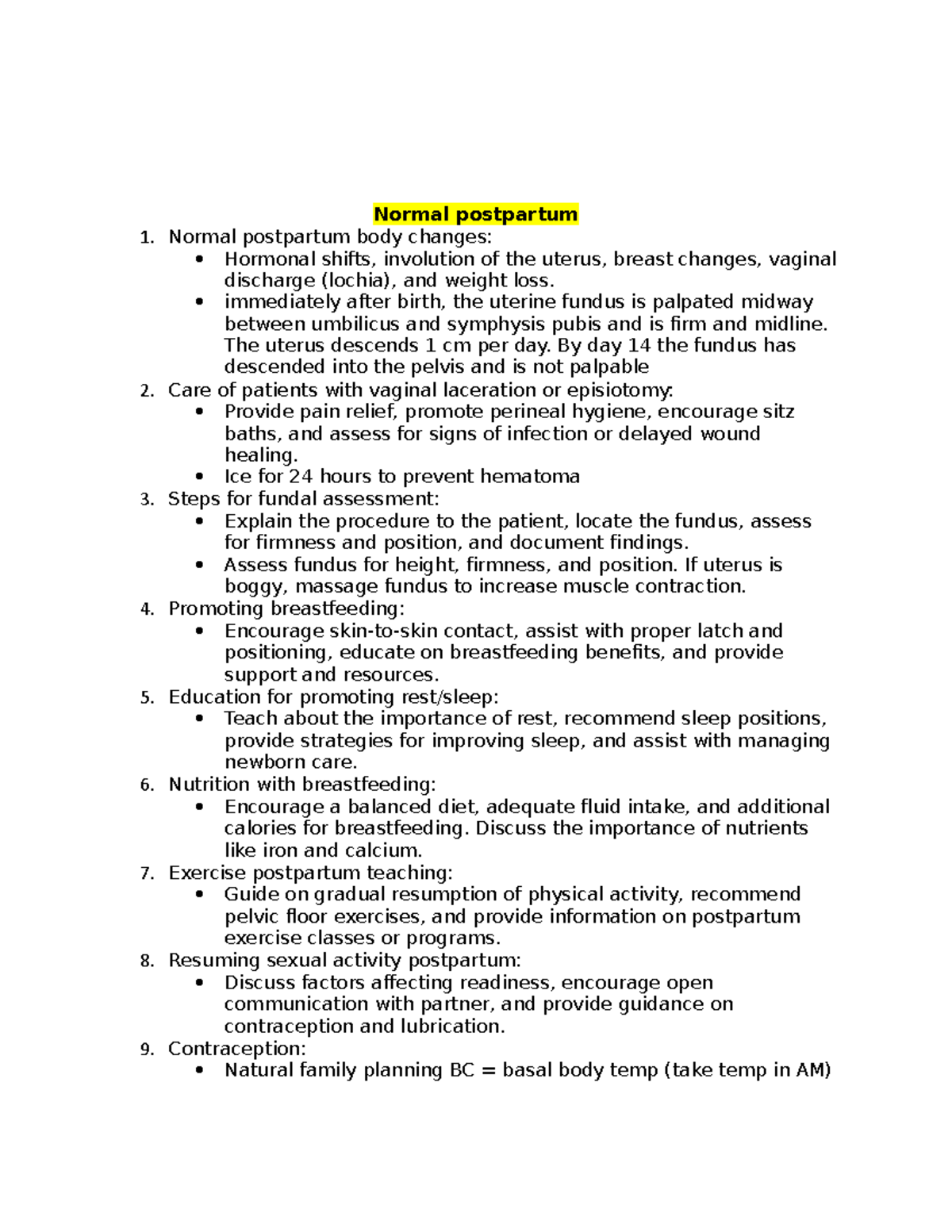 Postpartum Care Study Guide for Dr. G - Essential Nursing Notes - Studocu