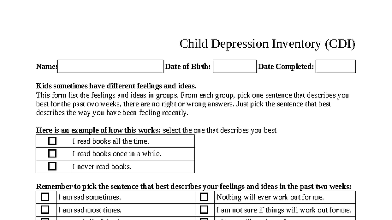Child Depression Inventory (CDI) - Fillable Form for Kids - Studocu