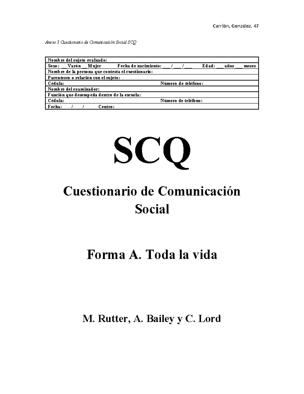 SCQ - Cuestionario de Comunicación Social: Forma A - Studocu