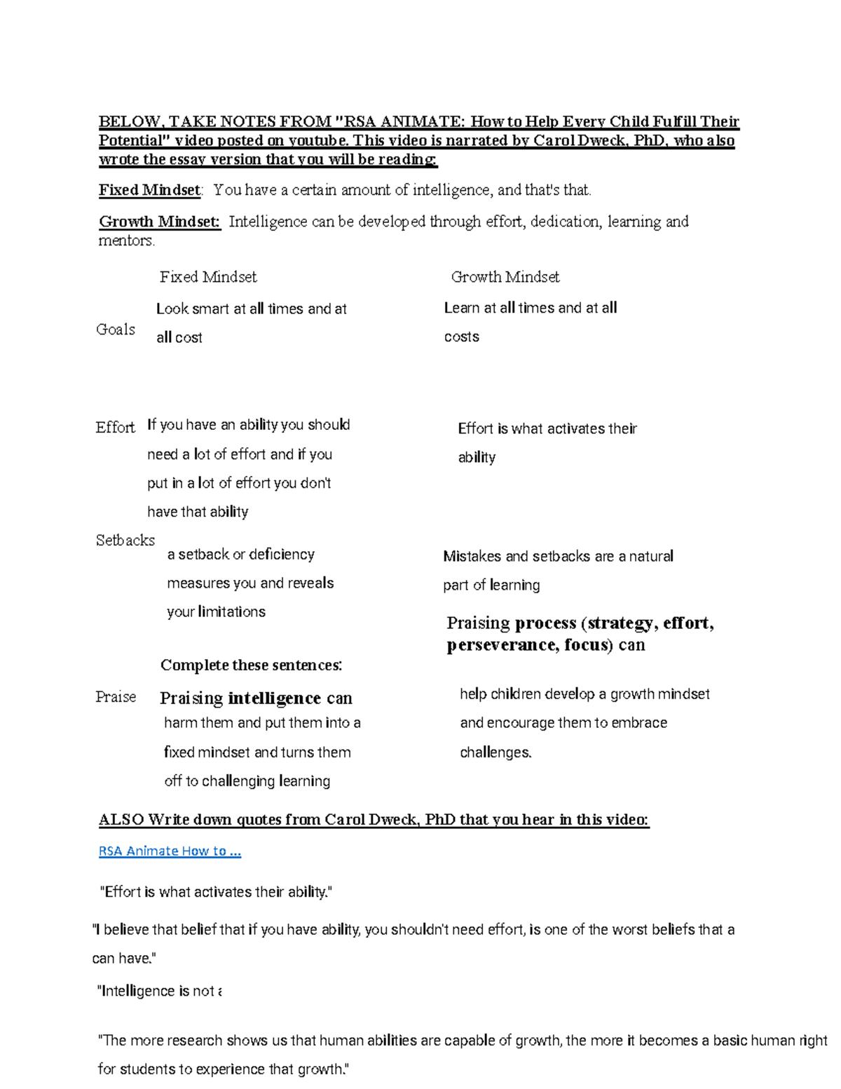 Brainology NOTE Graphic Organizer - BELOW, TAKE NOTES FROM "RSA ANIMATE ...