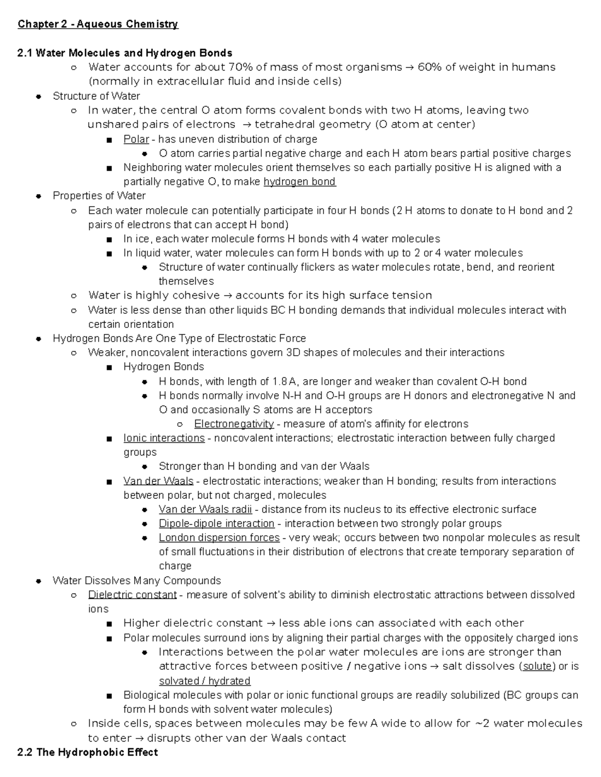 Chapter 2 - Aqueous Chemistry - Chapter 2 - Aqueous Chemistry 2 Water ...