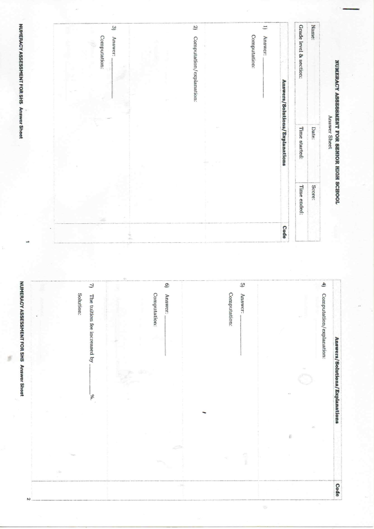 NUMERACY ASSESSMENT FOR SHS - Answer Sheet - Studocu
