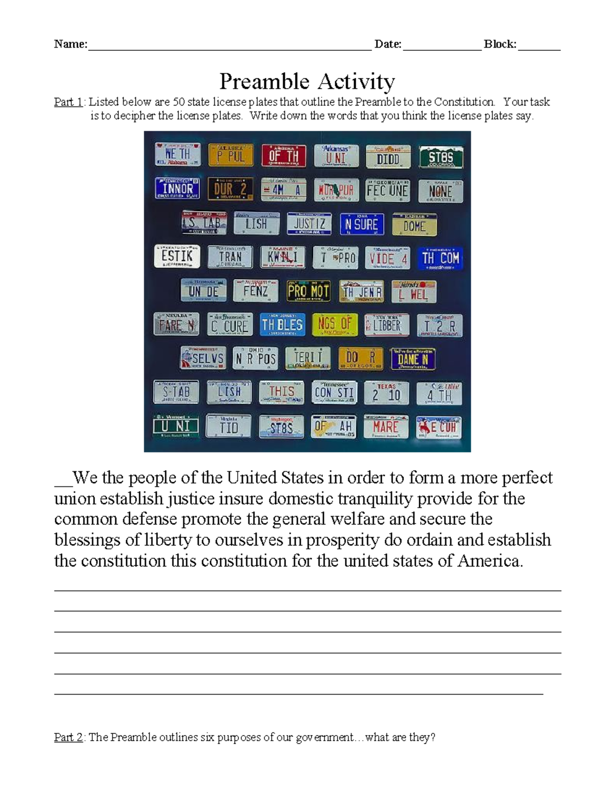 Preamble Activity - Constitution License Plates Deciphering Exercise ...