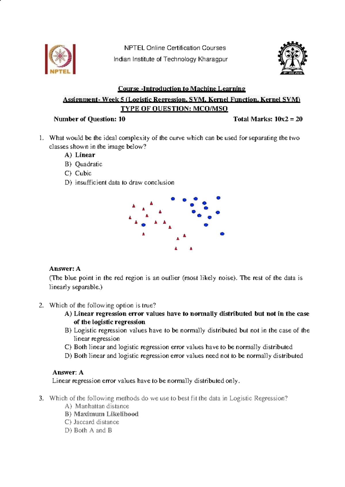 NPTEL ML Course (Week 5) - Logistic Regression & SVM Answers - Studocu