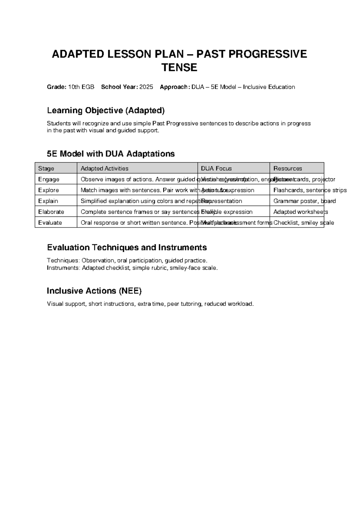 Past Progressive Tense Lesson Plan DUA 5E NEE 10th Grade - Studocu