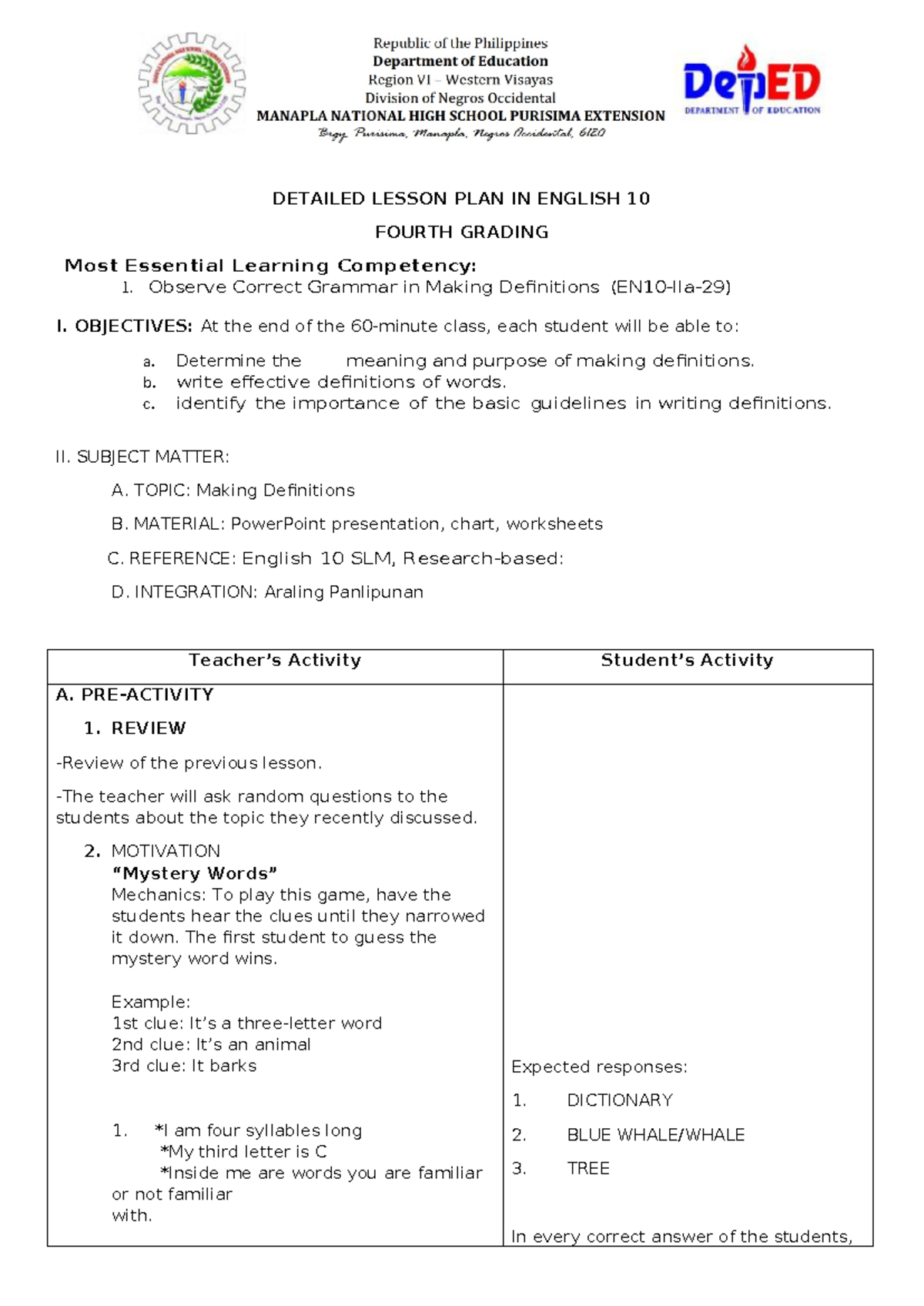Detailed Lesson Plan in English 10: Fourth Grading Overview - Studocu