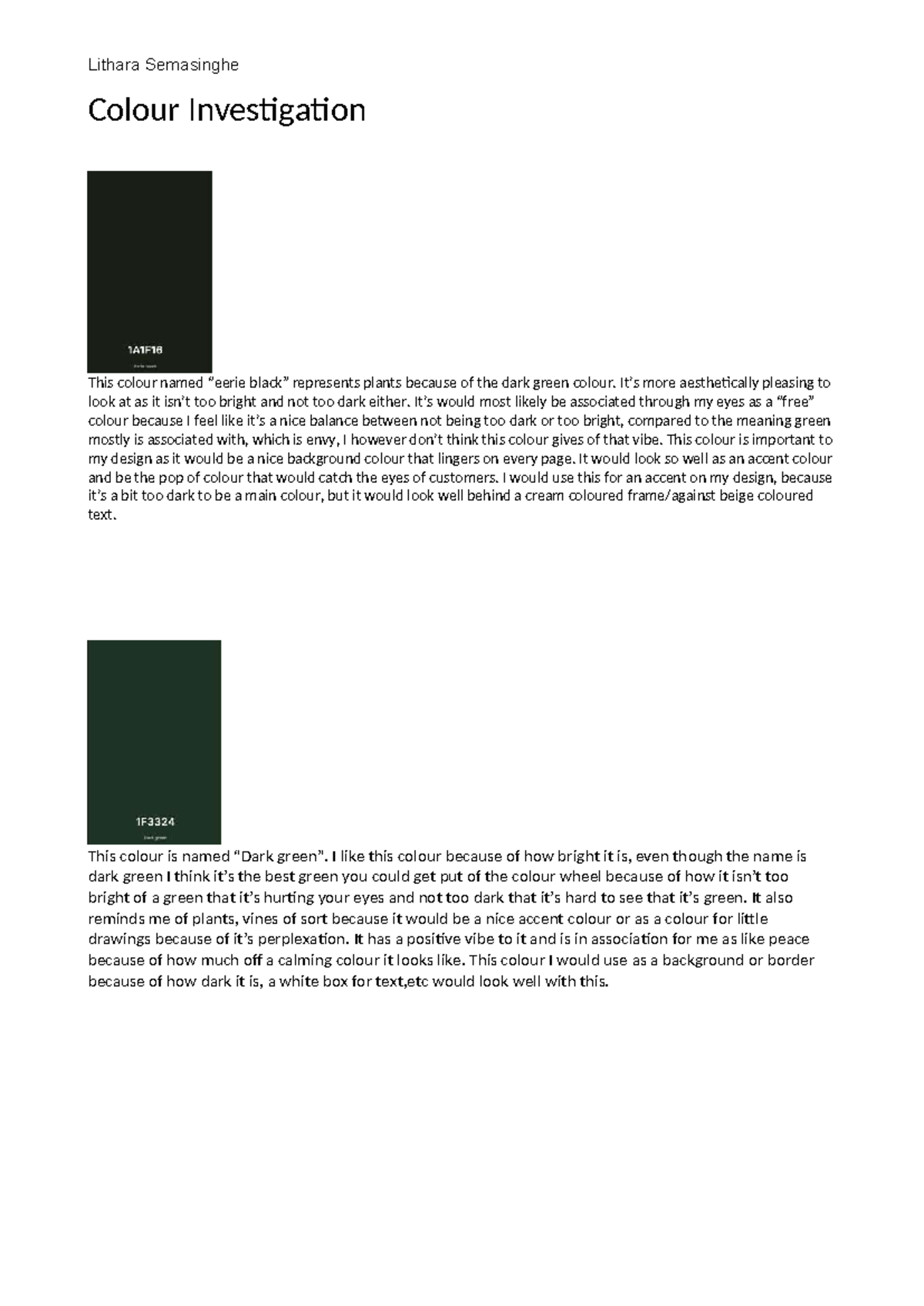 Colour Investigation for Assessment 110992: Dark Green Analysis - Studocu