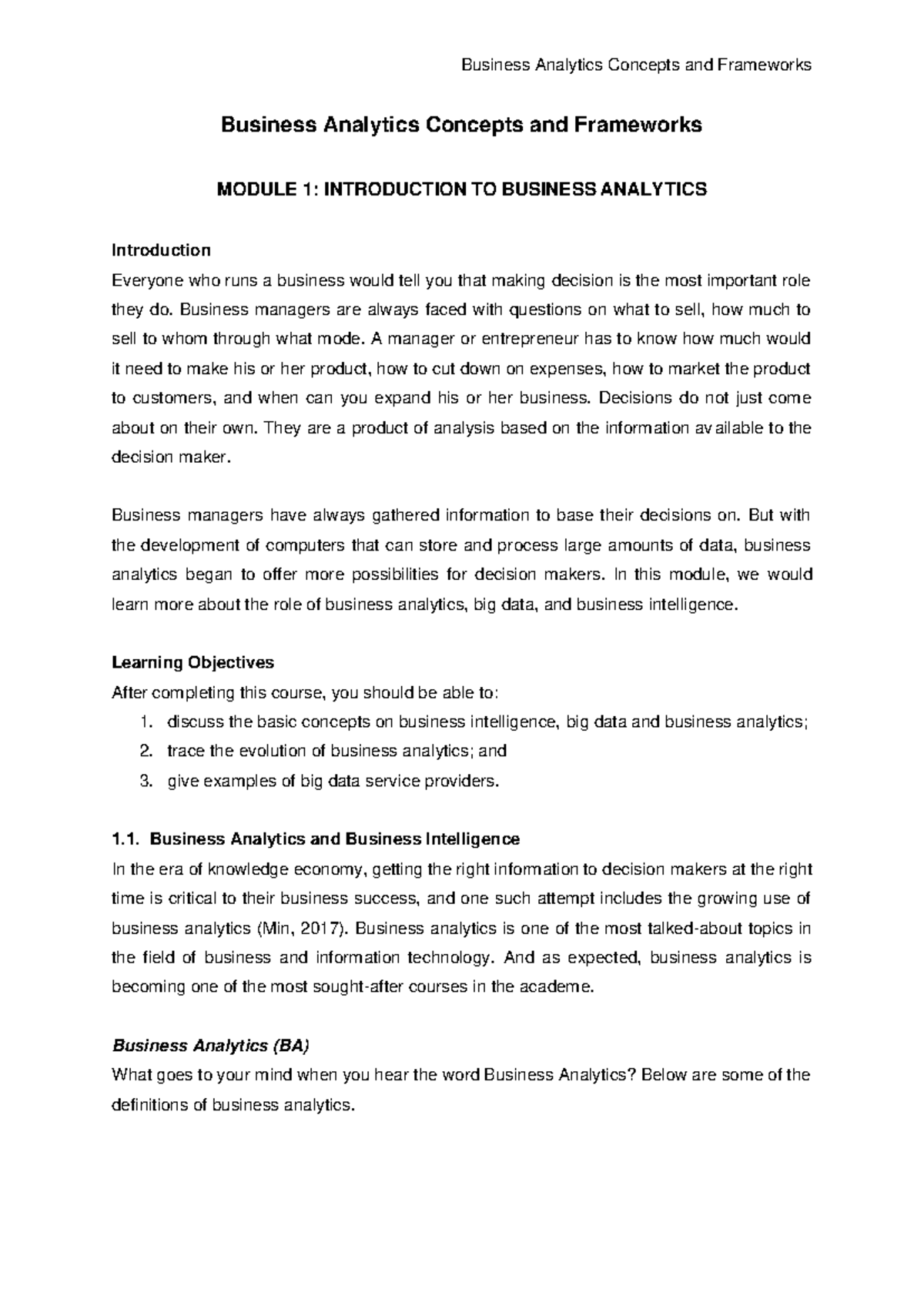 Business Analytics Concepts and Frameworks - Module 1 Overview - Studocu