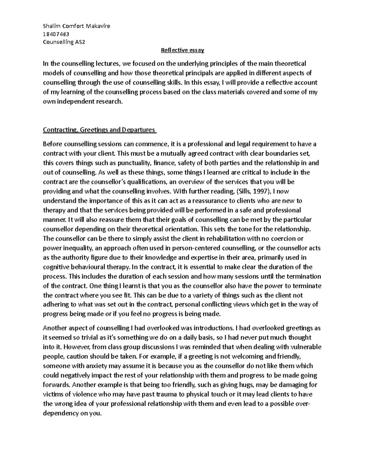 Reflective Essay - 18407463 Counselling AS Reflective essay In the ...