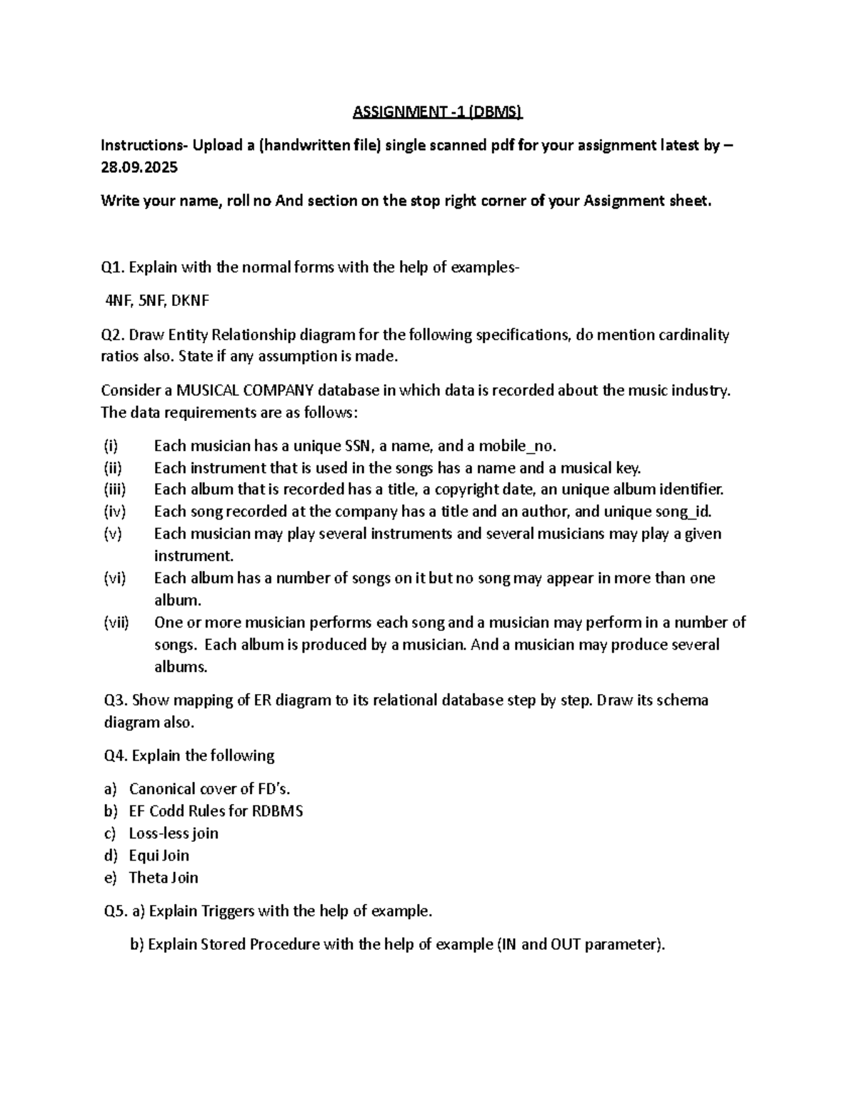 DBMS Assignment Notes: Q1-Q9 Overview and Examples - Studocu