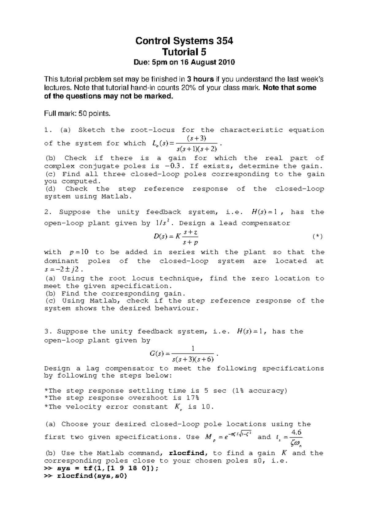 Control Systems 354 Tut 5 2010 - Control Systems 354 Tutorial 5 Due ...