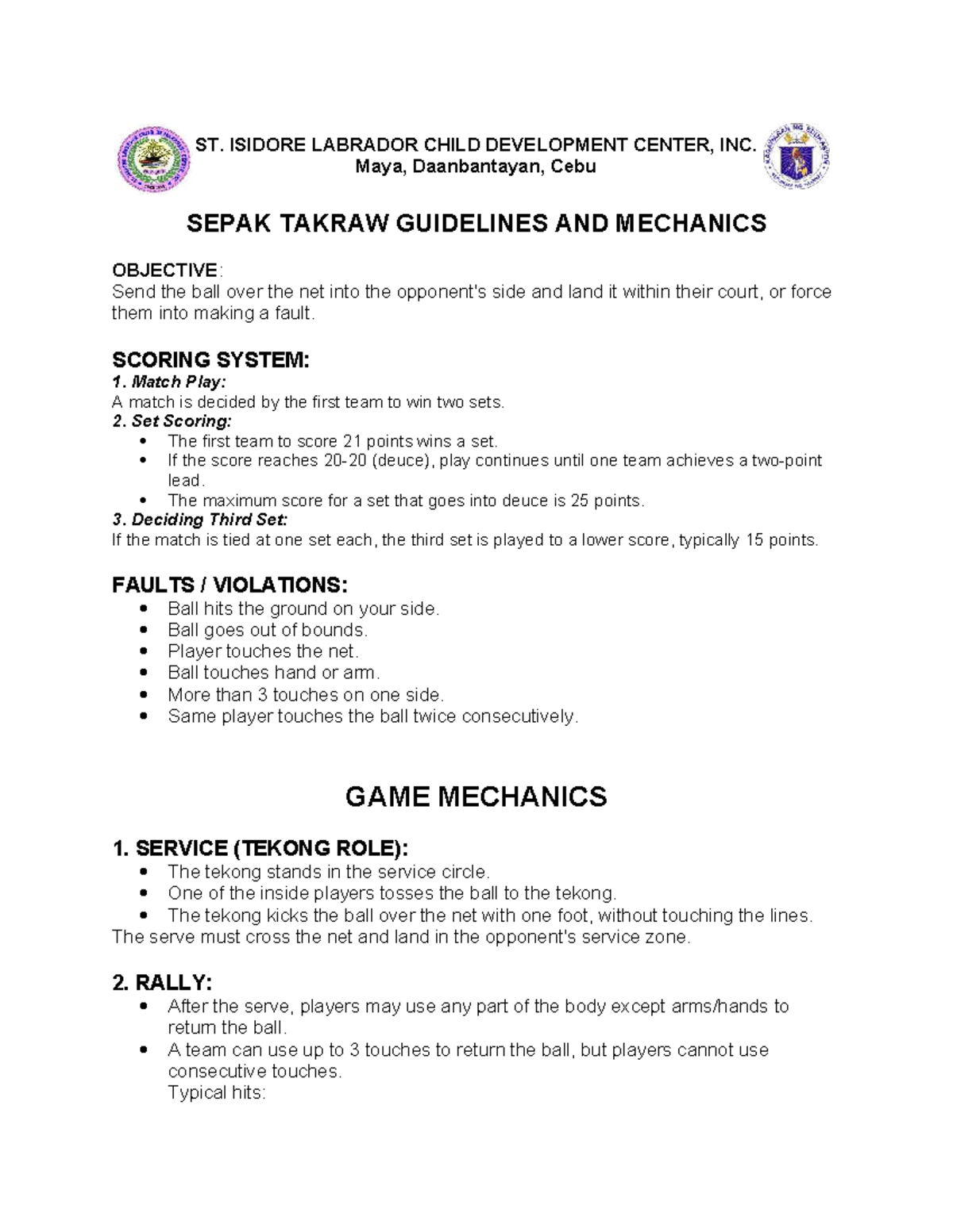 Sepak Takraw Guidelines & Mechanics for ST. ISIDORE LABRADOR - Studocu