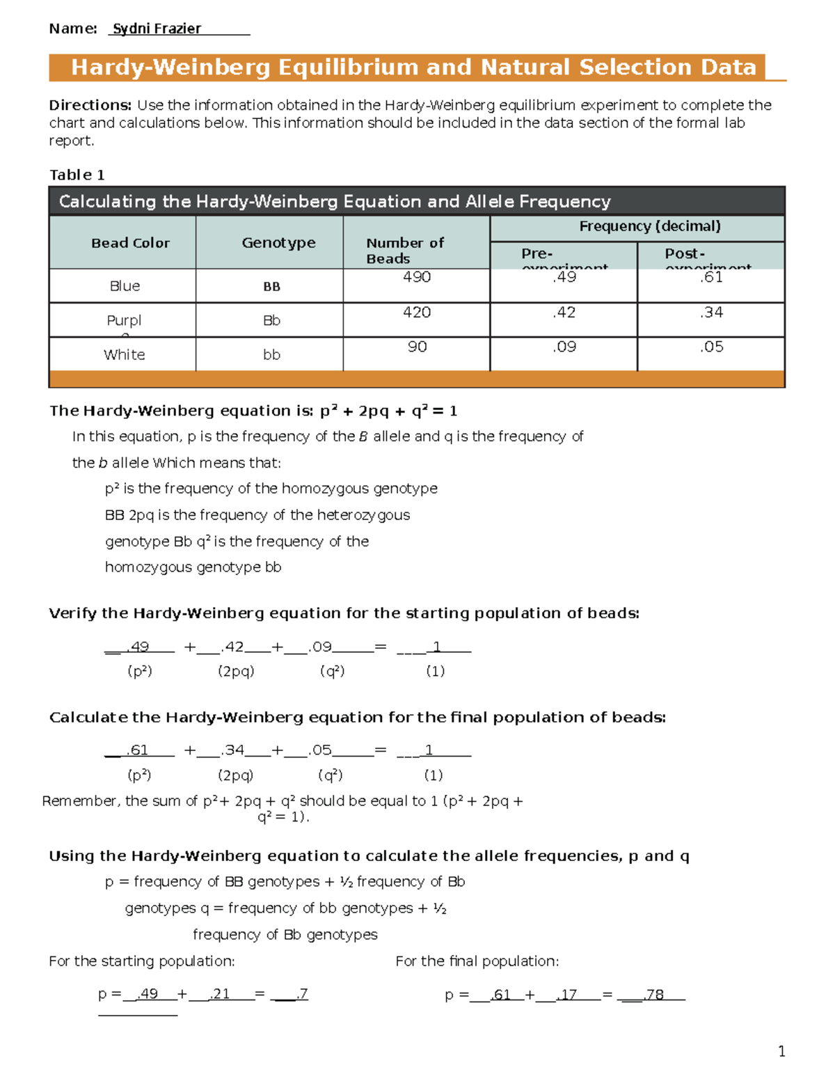 Hardy-Weinberg Equilibrium and Natural Selection - This information ...