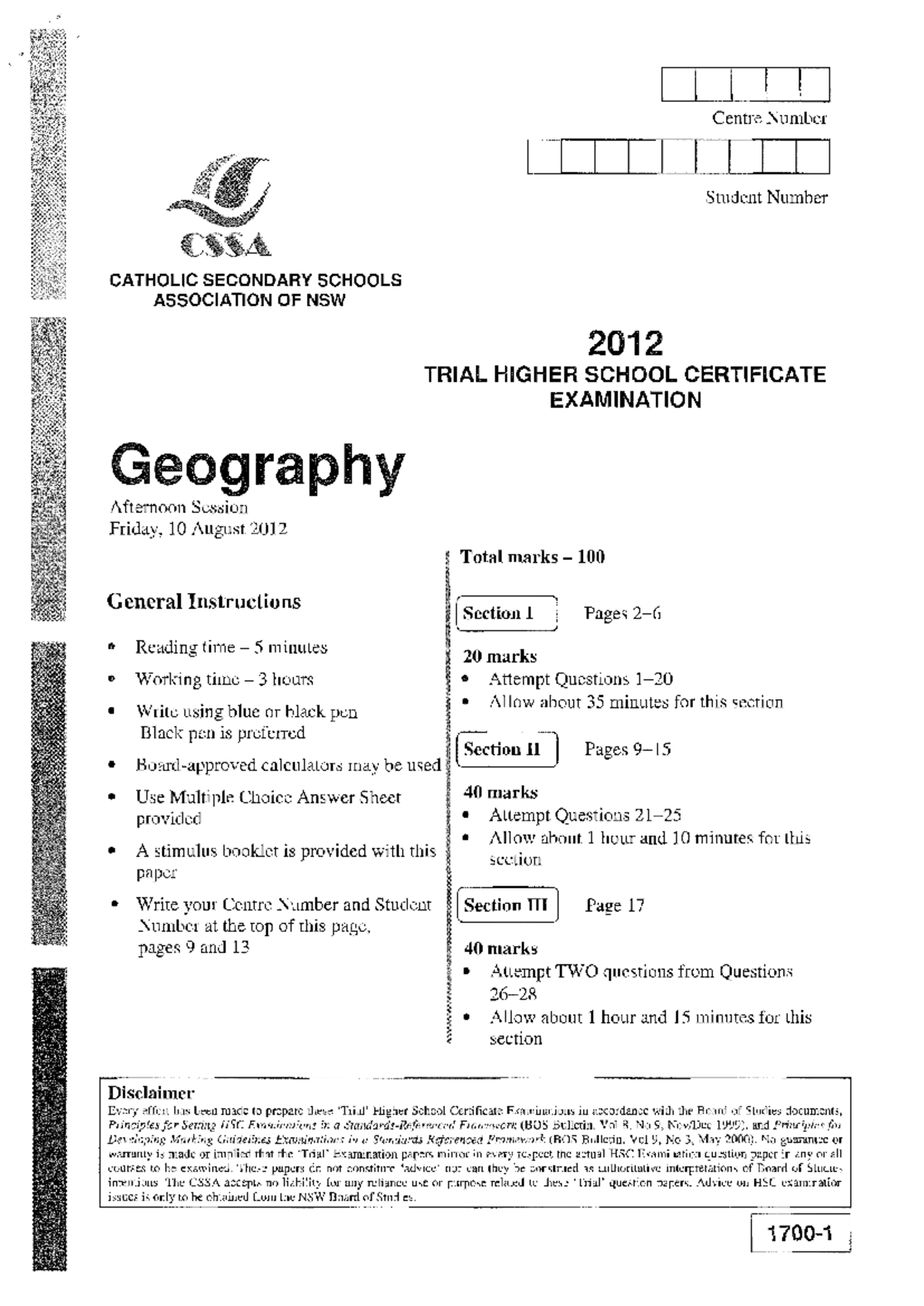 2012 CSSA Trial HSC Geography Exam Paper: Key Questions & Answers - Studocu