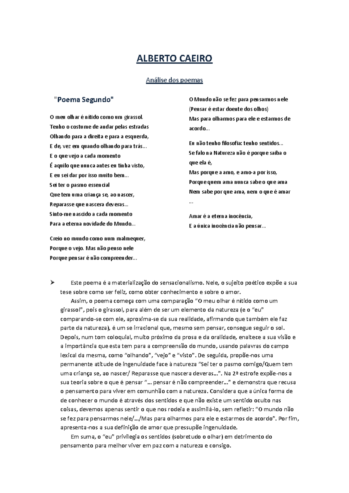 Análise Crítica dos Poemas de Alberto Caeiro - Curso de Literatura - Studocu