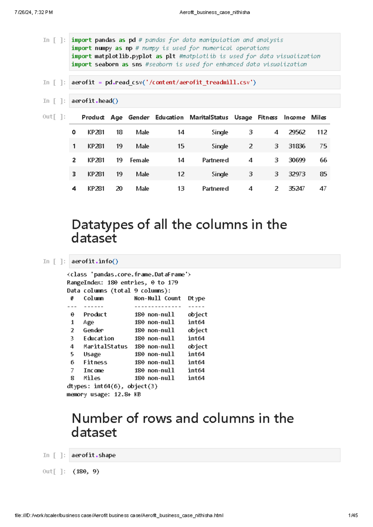Aerofit Business Case Analysis and Insights for Data Science (CSD101 ...