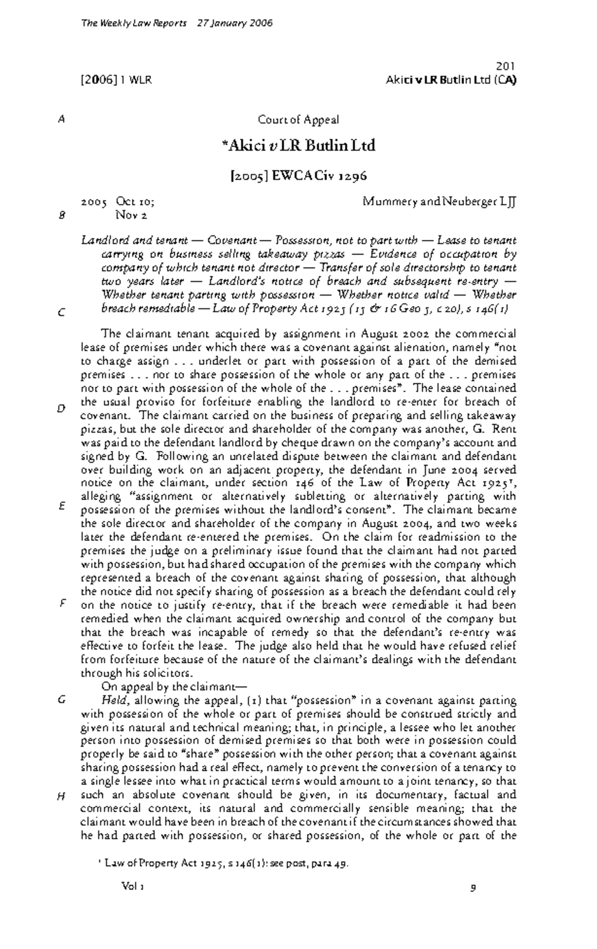 Akici v LR Butlin Ltd: Appeal on Lease Covenant Breach (2006) - Studocu