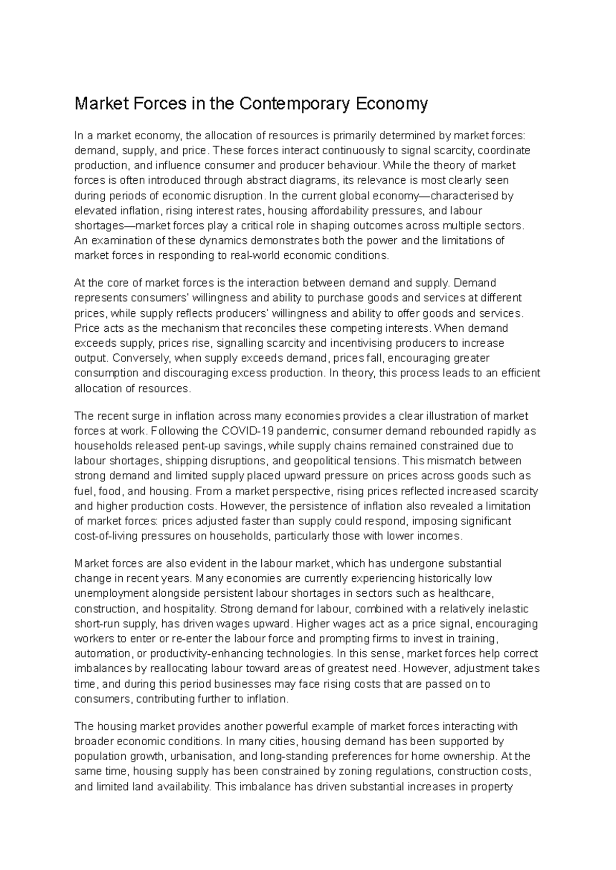 Market Forces in the Contemporary Economy: Demand, Supply, and Price ...