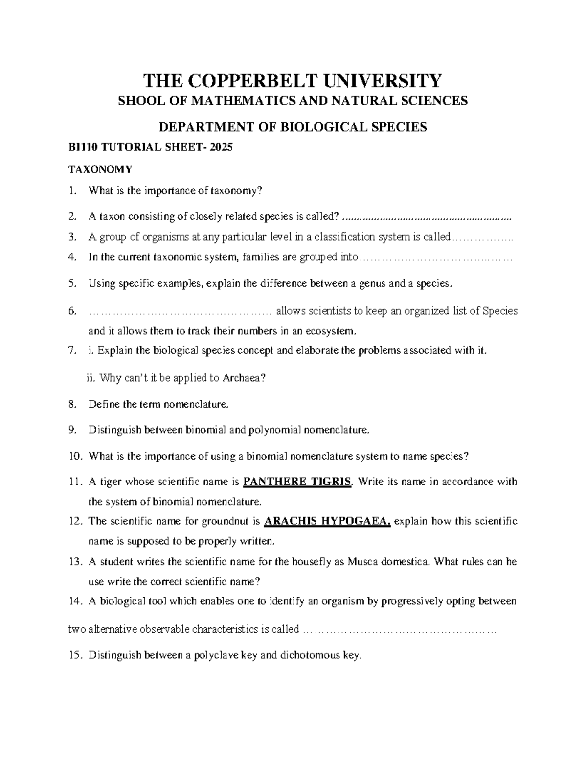 BI110 Taxonomy Tutorial Sheet: Importance & Nomenclature Explained ...