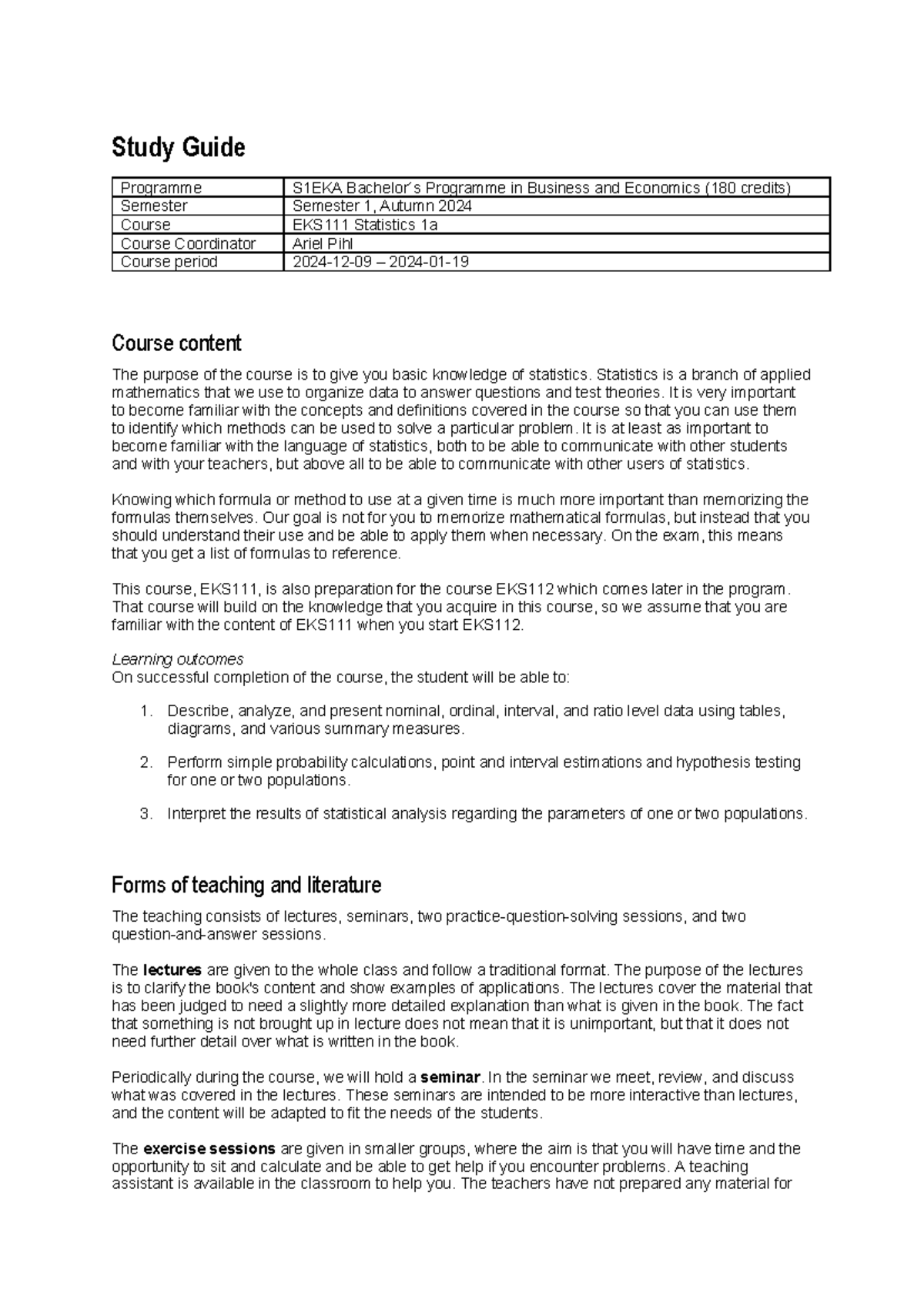 EKS111 Study Guide: Statistics 1a for Autumn 2024 - Studocu