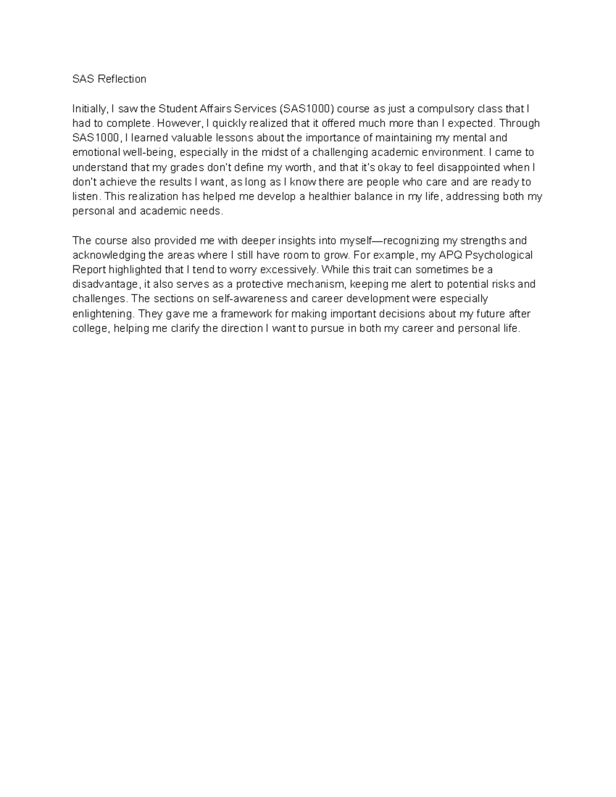 SAS1000 Reflection: Insights on Mental Health and Self-Awareness - Studocu