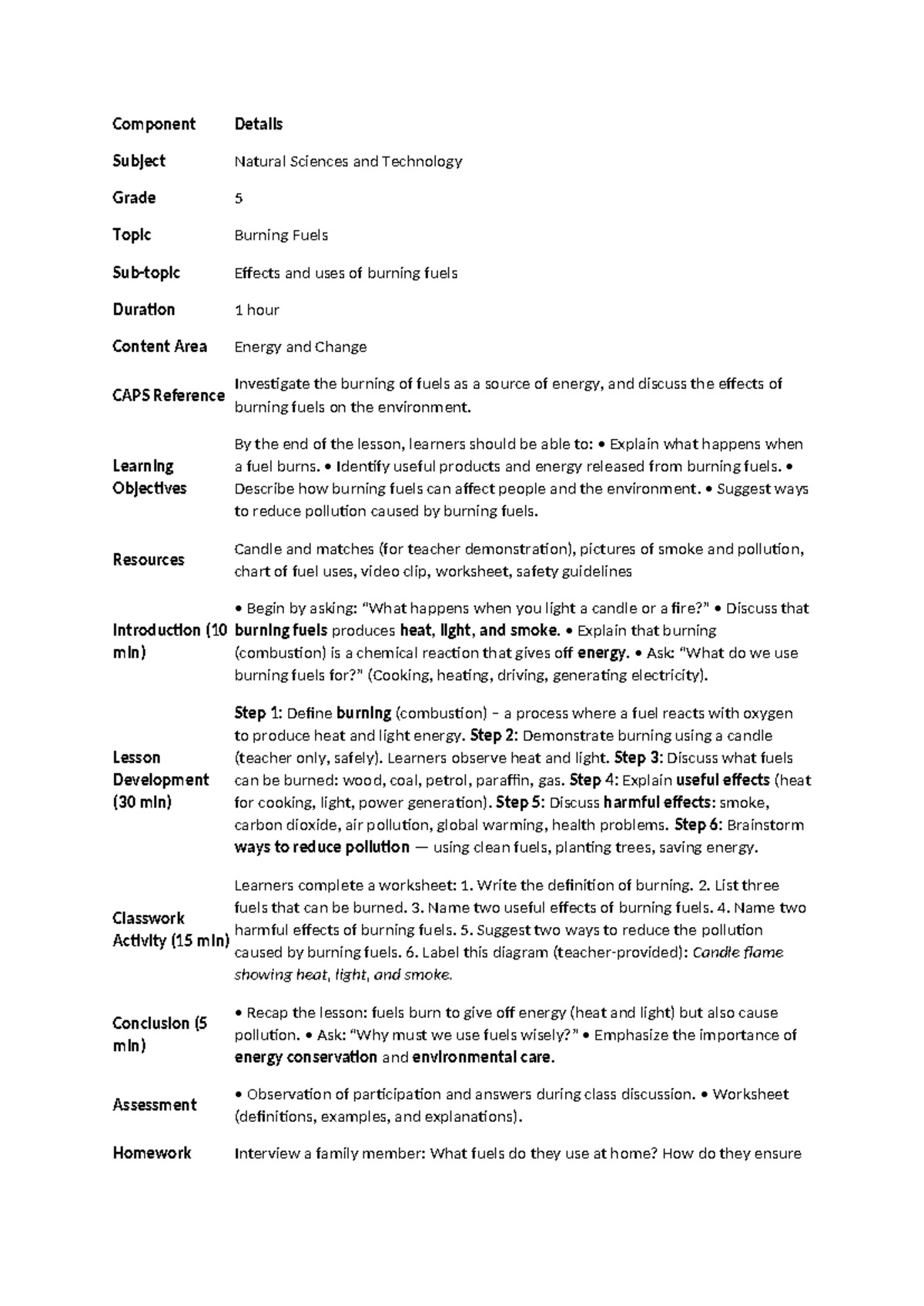Burning Fuels - Lesson Plan for Natural Sciences Gr 5 - Studocu