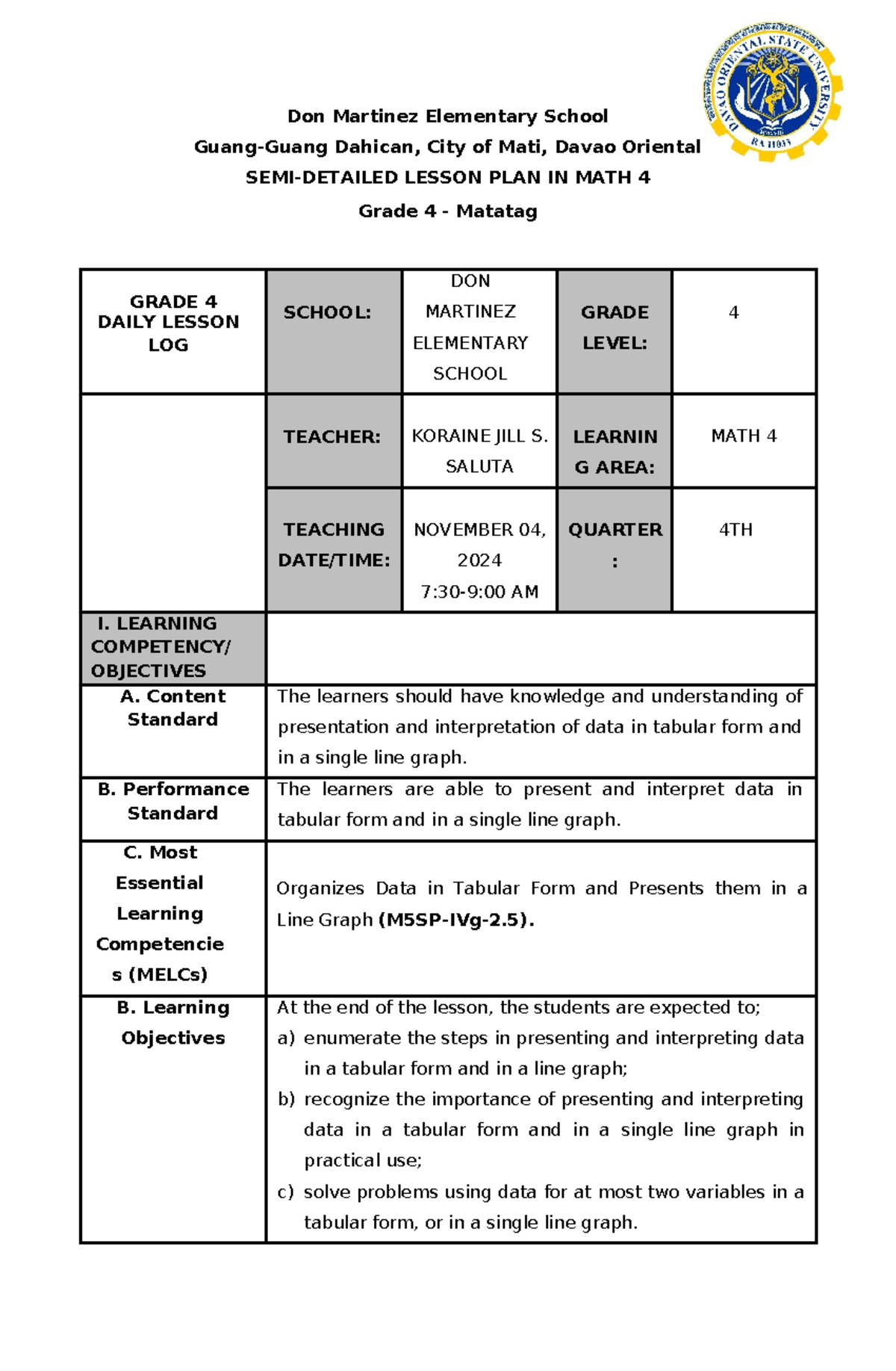 MATH-4 Lesson Plan: Data Presentation & Interpretation Techniques - Studocu