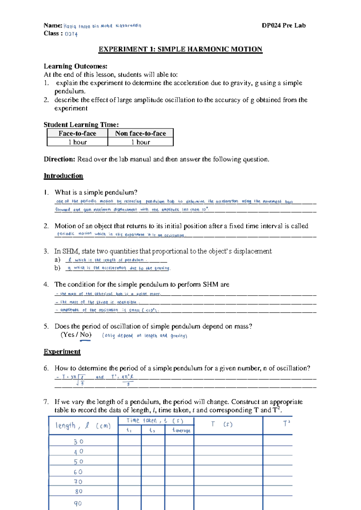 DP024 Pre Lab: Experiment 1 on Simple Harmonic Motion - Studocu