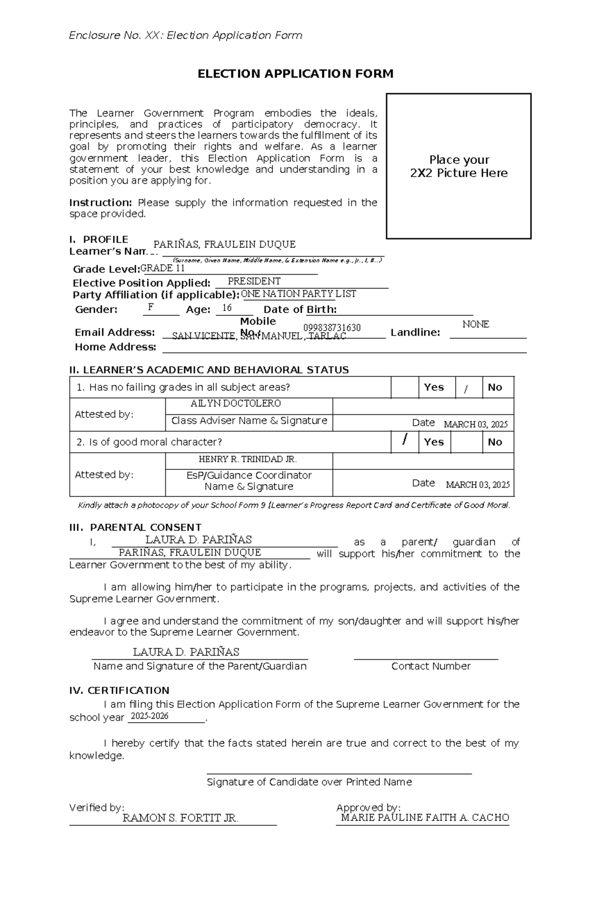 Election Application Form for Learner Government (Enclosure No. XX ...